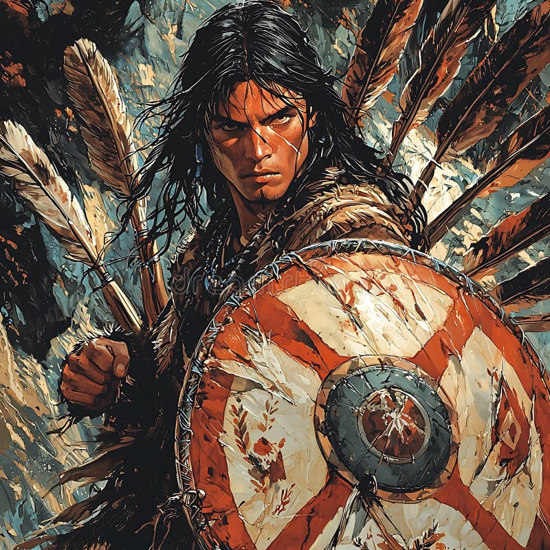 A Fierce Indigenous Warrior Stands Ready for Battle, Adorned with ...