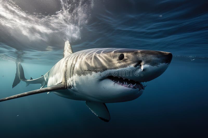 A Fierce and Intimidating Great White Shark Swimming through the Ocean ...