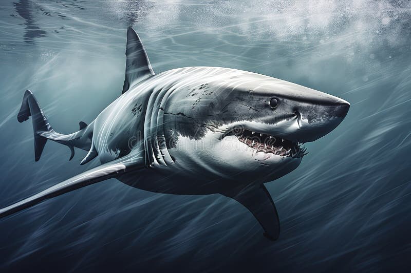 A Fierce and Intimidating Great White Shark Swimming through the Ocean ...