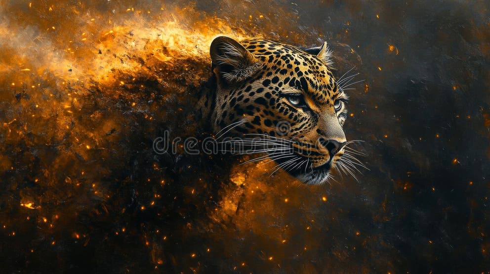 Fierce Leopard in Exploding Fire and Gold Stock Illustration ...