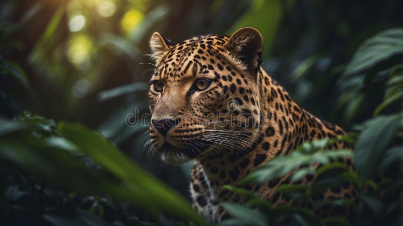 Fierce Leopard Lurking in Shadows of Jungle Foliage. Stock Illustration ...