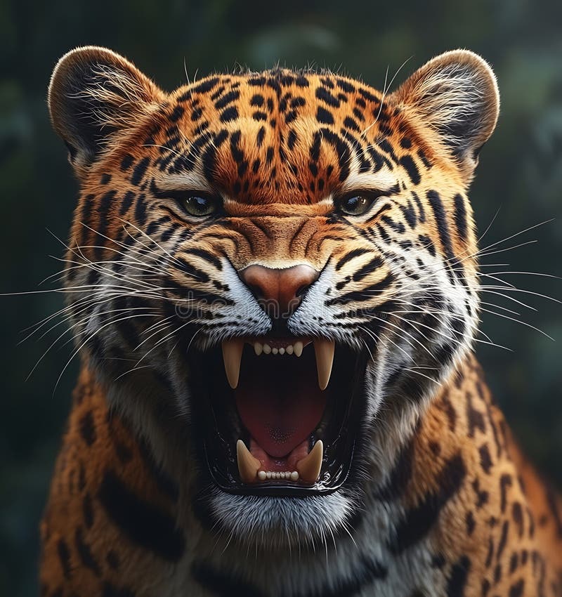 Fierce Leopard with Open Mouth and Sharp Teeth in Jungle Setting. Stock ...