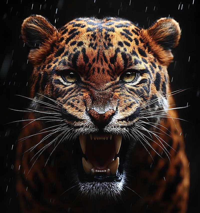 Fierce Leopard Roaring with Intense Expression Under Rain. Stock ...
