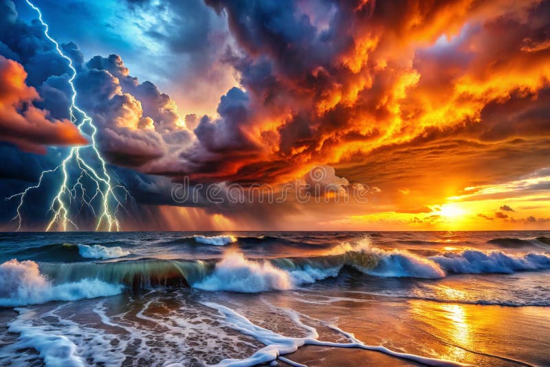 Fierce Lightning Striking Over an Aggressive Ocean As Massive Waves ...