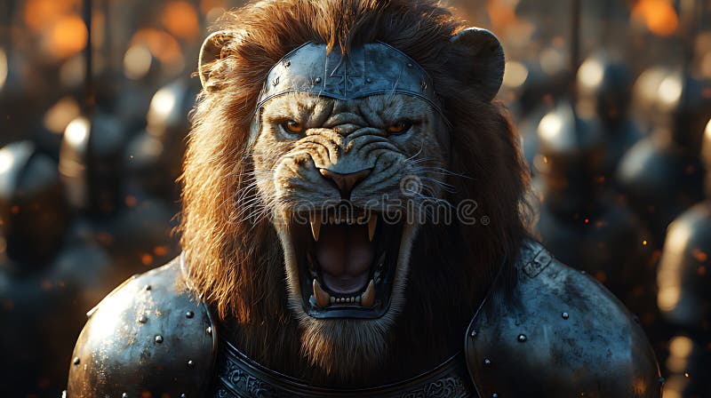 A Fierce Lion in Armor Roars with a Legion of Soldiers Behind it Stock ...