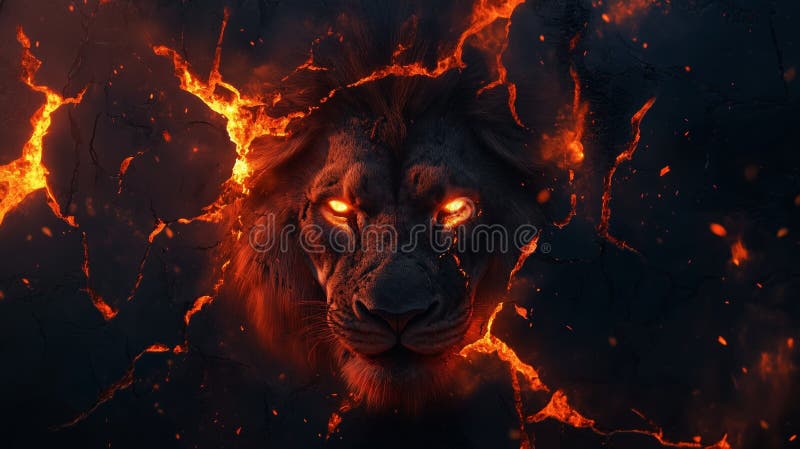 Fierce Lion Emerging from Fiery Cracks with Glowing Eyes, Symbolizing ...