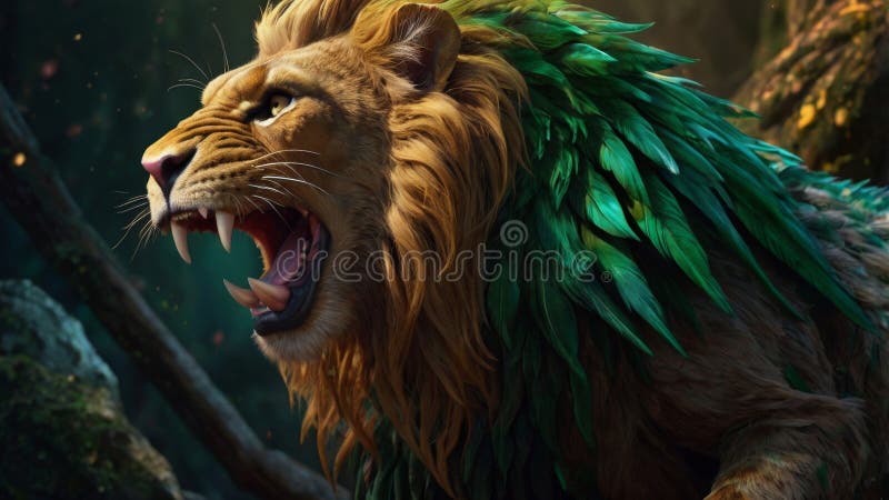 A Fierce Lion with Green Feathers Roars in a Dark Forest Stock ...