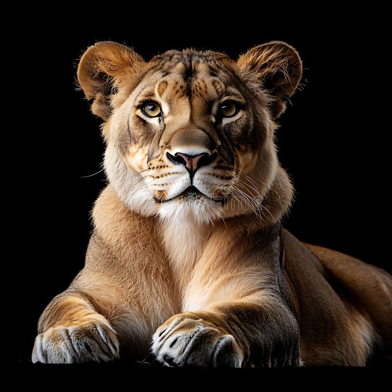 Fierce Lion Laying Down, Showcasing Its Powerful Body and Intense Gaze in Dramatic Studio ...