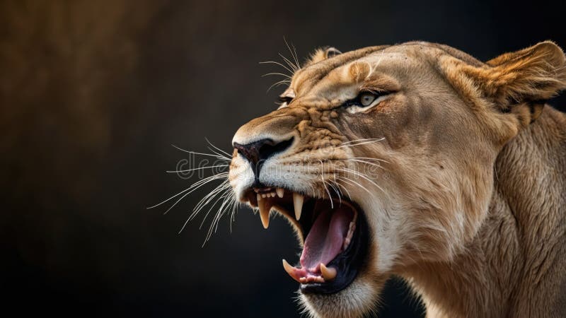 A Fierce Lioness Roaring, Showcasing Its Powerful Presence and Sharp ...