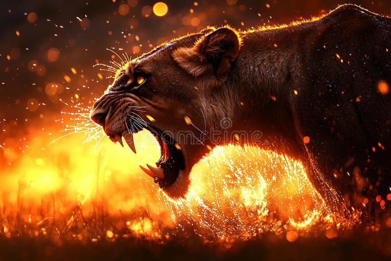 Fierce Lioness Snarls with Bared Teeth, Surrounded by Fiery Backdrop ...