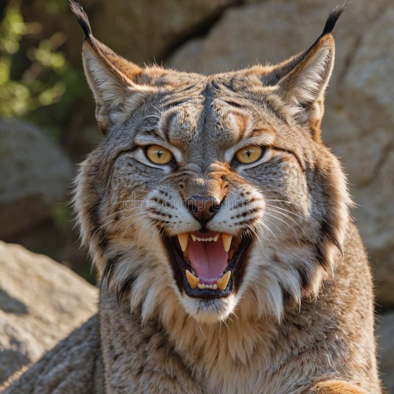 Fierce Lynx Portrait Intense Yellow Eyes and Sharp Teeth on Rocky ...