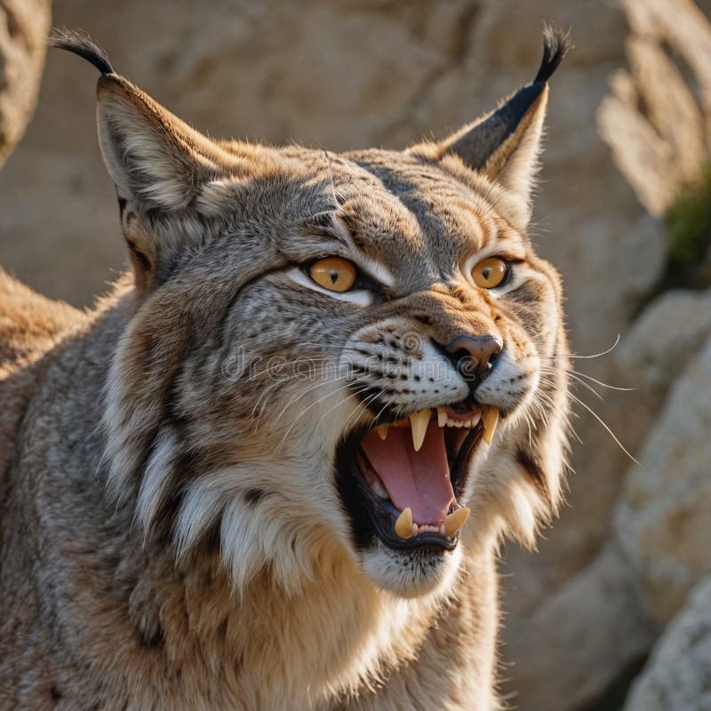 Fierce Lynx Portrait Intense Yellow Eyes and Sharp Teeth on Rocky ...