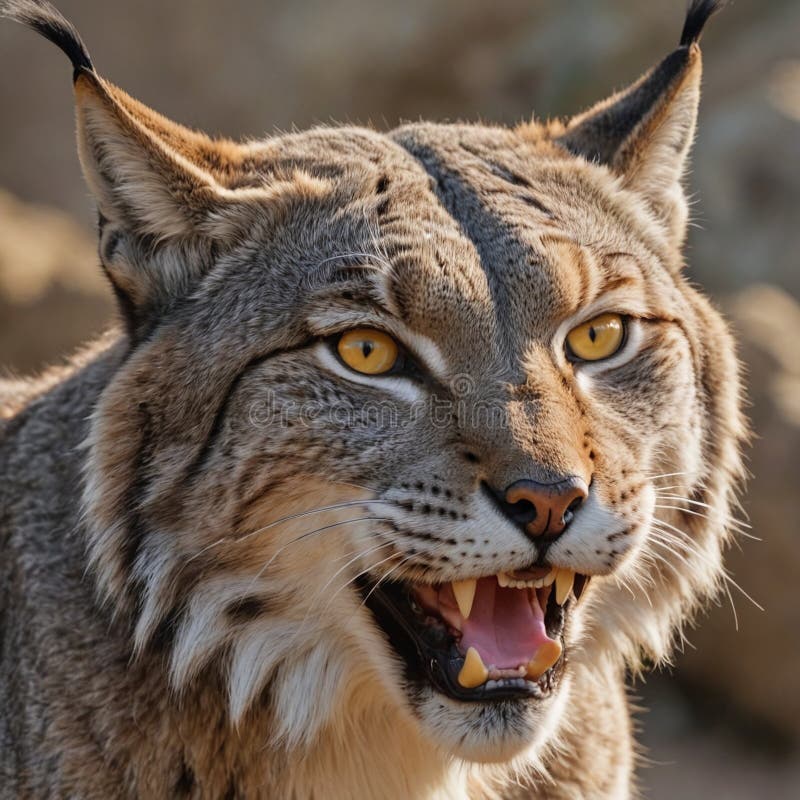 Fierce Lynx Portrait Intense Yellow Eyes and Sharp Teeth on Rocky ...