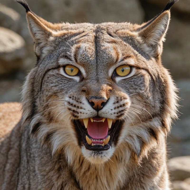 Fierce Lynx Portrait Intense Yellow Eyes and Sharp Teeth on Rocky ...
