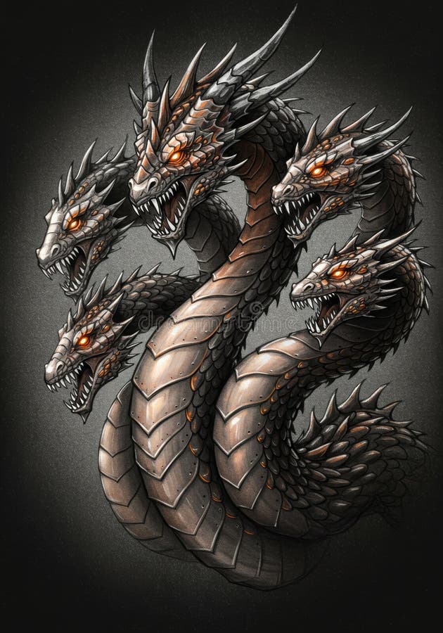 Fierce Multi Headed Dragon Illustration with Metallic Scales and Fiery ...