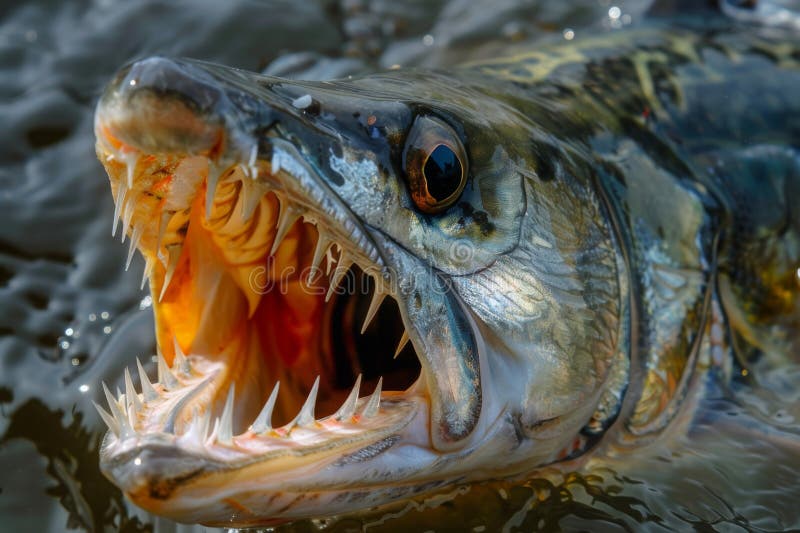 A Fierce Northern Pike Displaying Its Sharp Teeth in a Tranquil Lake ...