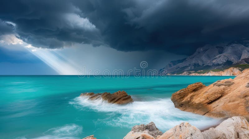A Fierce Ocean Scene with Dark Clouds and Beams of Sunlight Breaking ...