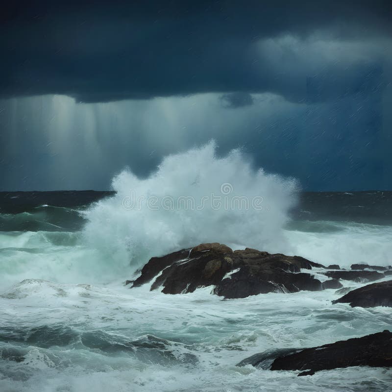 Fierce Ocean Storm with Crashing Waves, Brooding Sky, and Pouring Rain ...