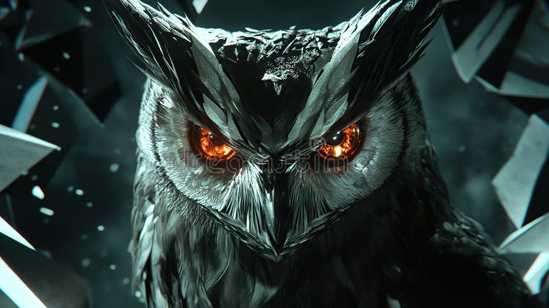 Fierce Owl with Glowing Eyes Amidst Shattered Glass Stock Illustration ...