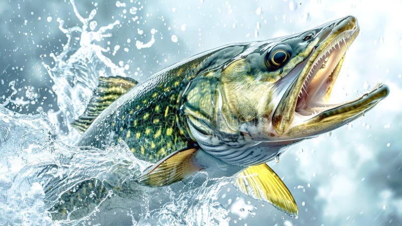 A Fierce Pike Fish Bursts from the Water, Creating Dynamic Splashes ...