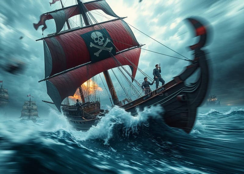 Pirate Ship Navigating Turbulent Waters at Sunset with Crew Preparing ...
