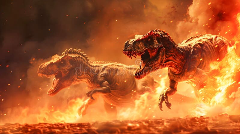 Fierce Prehistoric Dinosaurs Rampaging and Attacking through a Dramatic ...