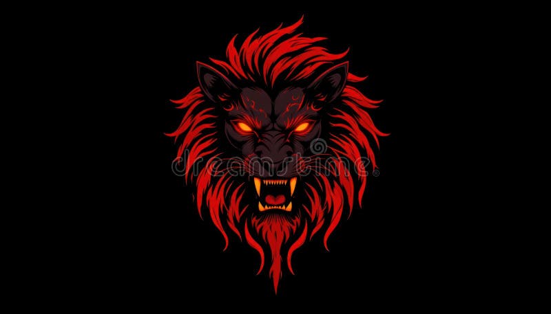 Fierce Red and Black Lion Head with Fiery Mane and Glowing Eyes on Dark ...