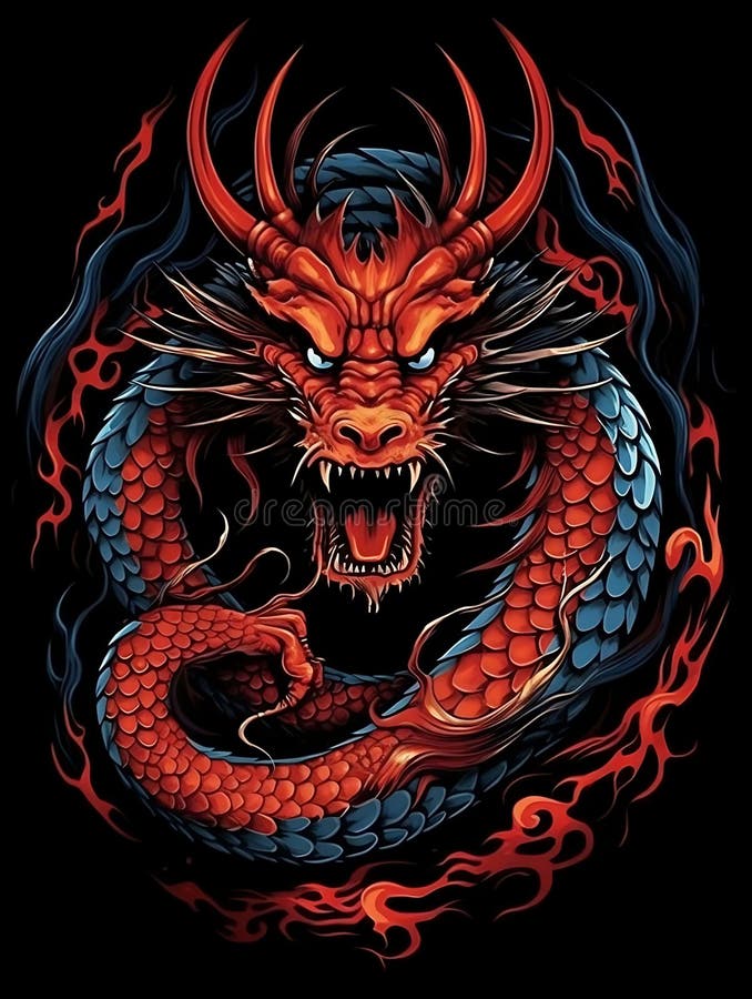 Fierce Red and Blue Dragon Illustration on a Black Background. Stock ...