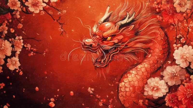 Fierce Red Dragon Amidst Cherry Blossoms Stock Illustration ...