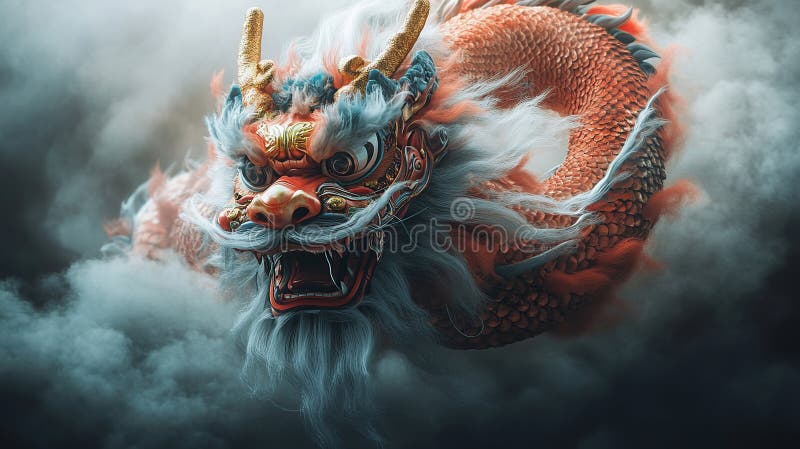 Fierce Red Dragon with Flowing Mane Amidst Smoky Atmosphere Stock ...
