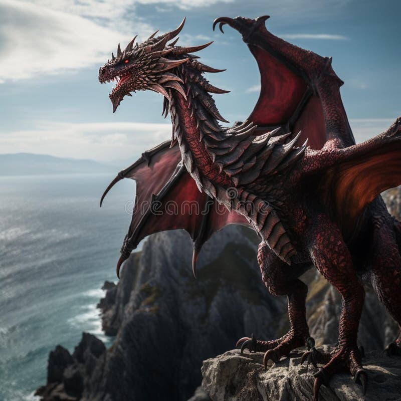Fierce Red Dragon Perched on a Rocky Cliff, Looking Off into the ...