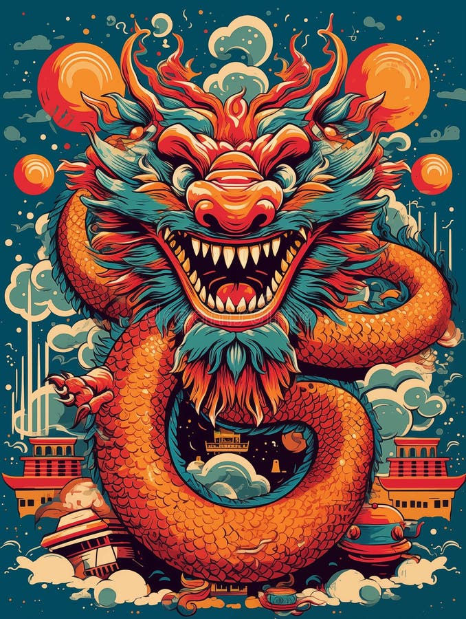 Fierce Red and Teal Dragon with Sharp Teeth in a Vibrant Chinese ...