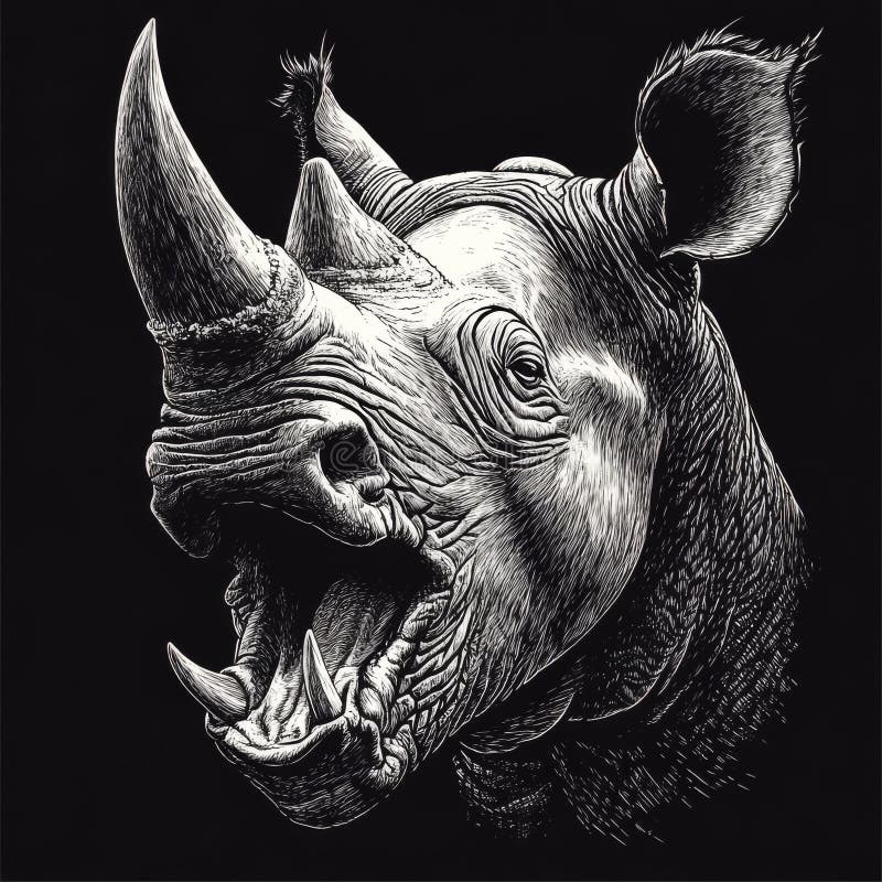 Fierce Rhino Head Roaring, Its Large Horn in Focus and Teeth Bared ...