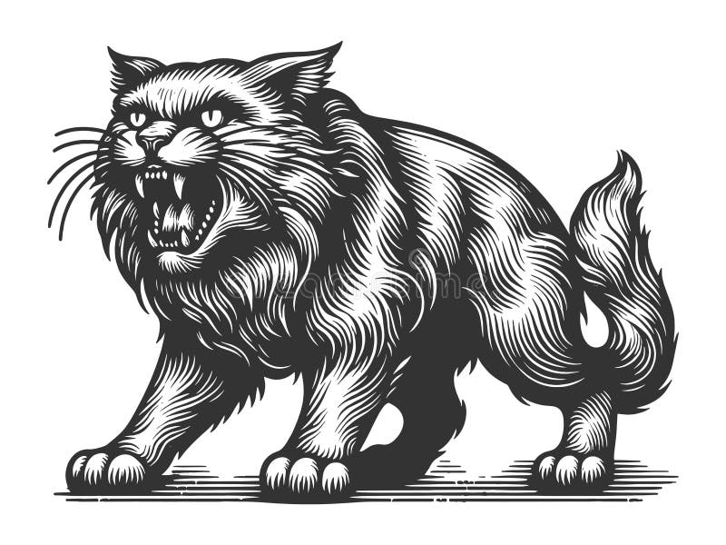Fierce Roaring Cat Engraving Vector Illustration Stock Illustration ...