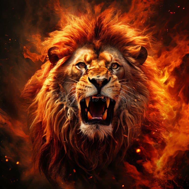 Fierce Roaring Lion in a Blaze of Fire Stock Photo - Image of majestic ...