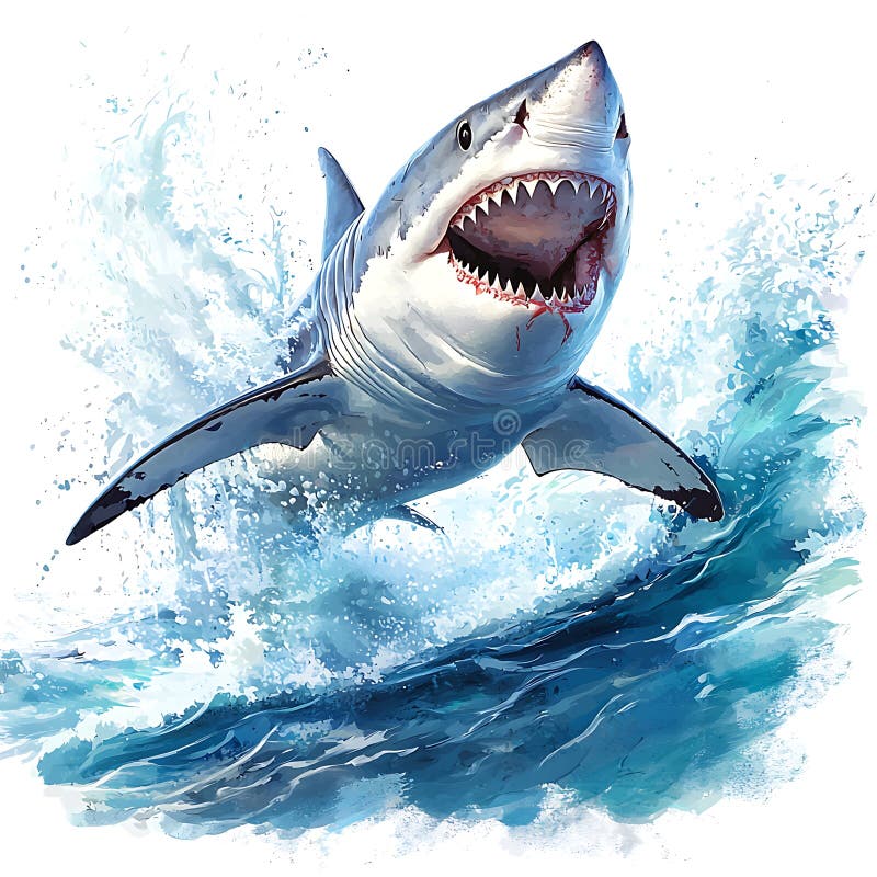 Fierce Shark Leaps from Crashing Waves Stock Illustration ...