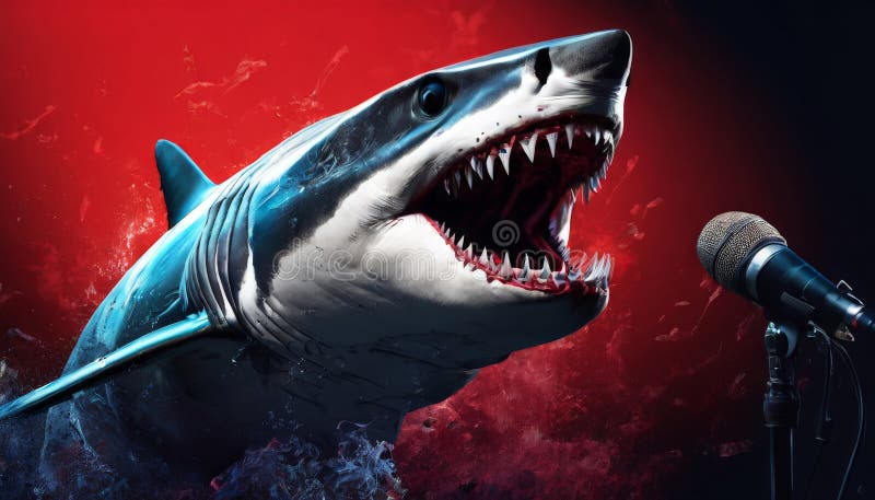 Fierce Shark with a Microphone in Dramatic Scene Stock Image - Image of ...