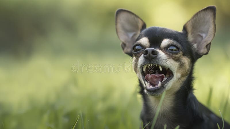 Fierce Small Black Dog with Bared Teeth on Lush Green Grass, Aggressive ...