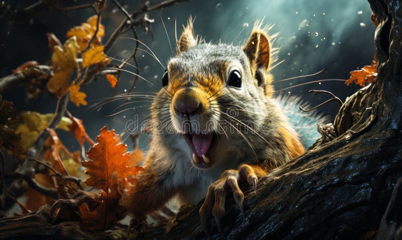 Fierce Squirrel with Exaggerated Expression Clinging To a Tree Dramatic ...