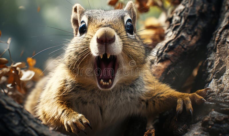 Fierce Squirrel with Exaggerated Expression Clinging To a Tree Dramatic ...