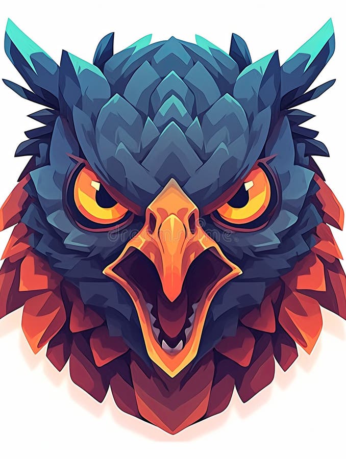 Fierce Stylized Owl Head Illustration with Sharp Beak, Intense Eyes ...