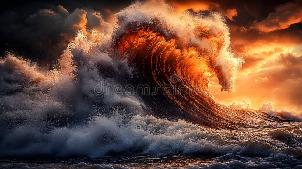 Fierce Sunset Ocean Waves stock illustration. Illustration of foam ...