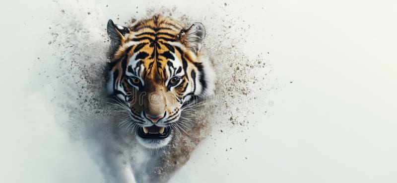 Fierce Tiger Charging Forward with Dynamic Motion and Dust Cloud Effect ...