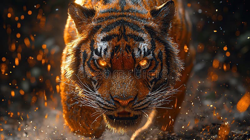 Fierce Tiger Charging Forward, Sparks Flying Around it Stock ...
