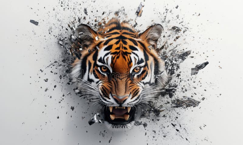 Fierce Tiger Head Breaking through Wall with Explosive Force and ...