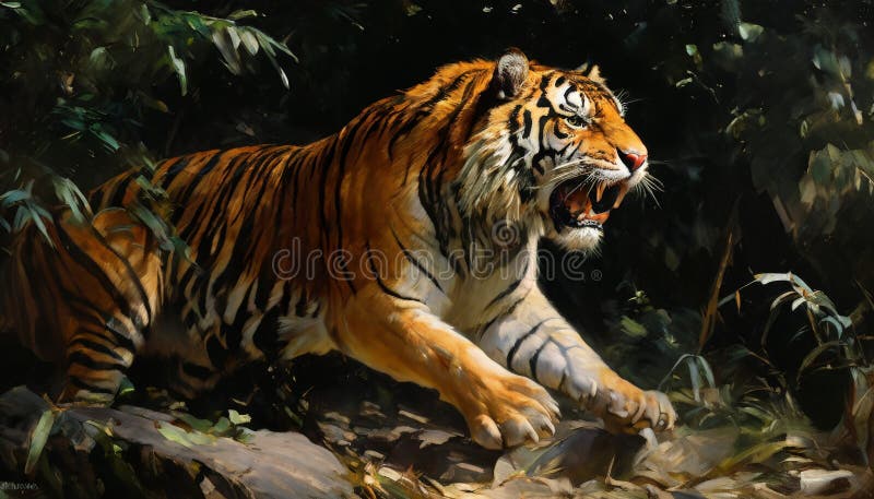 Fierce Tiger Leaping in a Dense Forest Stock Photo - Image of nature ...