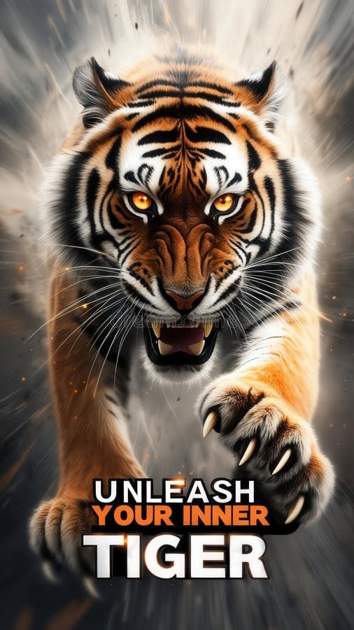 Fierce Tiger Leaping Forward with Intense Gaze and Text Unleash Your ...