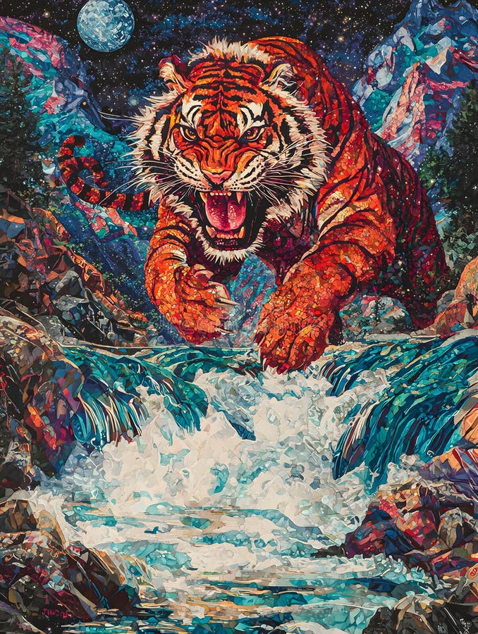 Fierce Tiger Leaping through Water Stock Illustration - Illustration of ...
