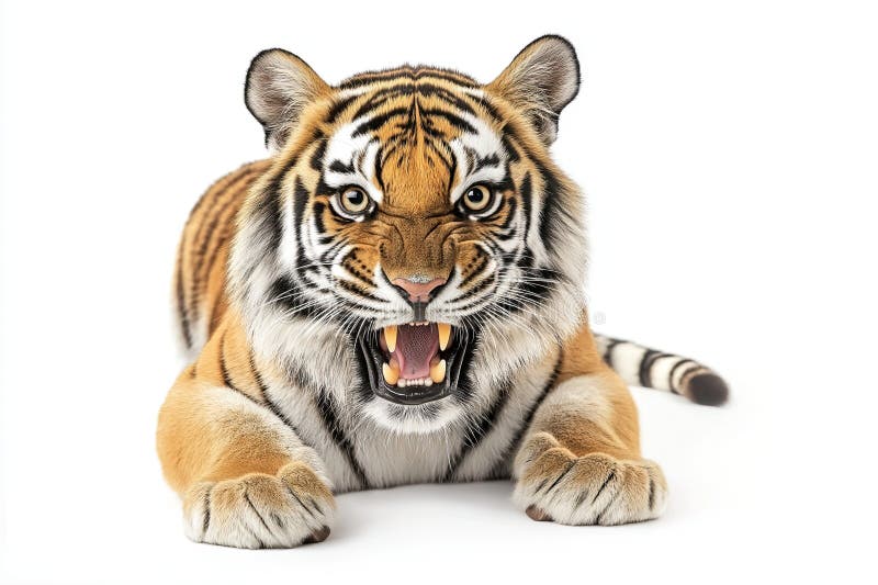 A Fierce Tiger Lying Down, Baring Its Teeth in a Menacing Snarl Stock ...