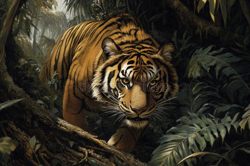 A Fierce Tiger Prowling through a Jungle, Its Stripes Blending into the ...